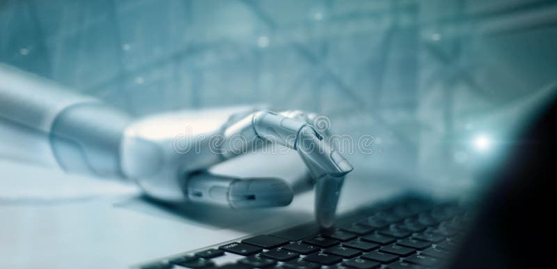 Machine Learning Hand Of Robot Touching On Binary Data Futuristic