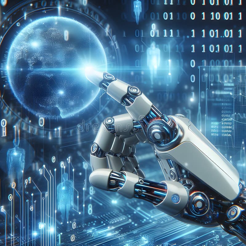Machine Learning. Hand of Robot Touching on Binary Data. Futuristic Artificial Intelligence AI ...