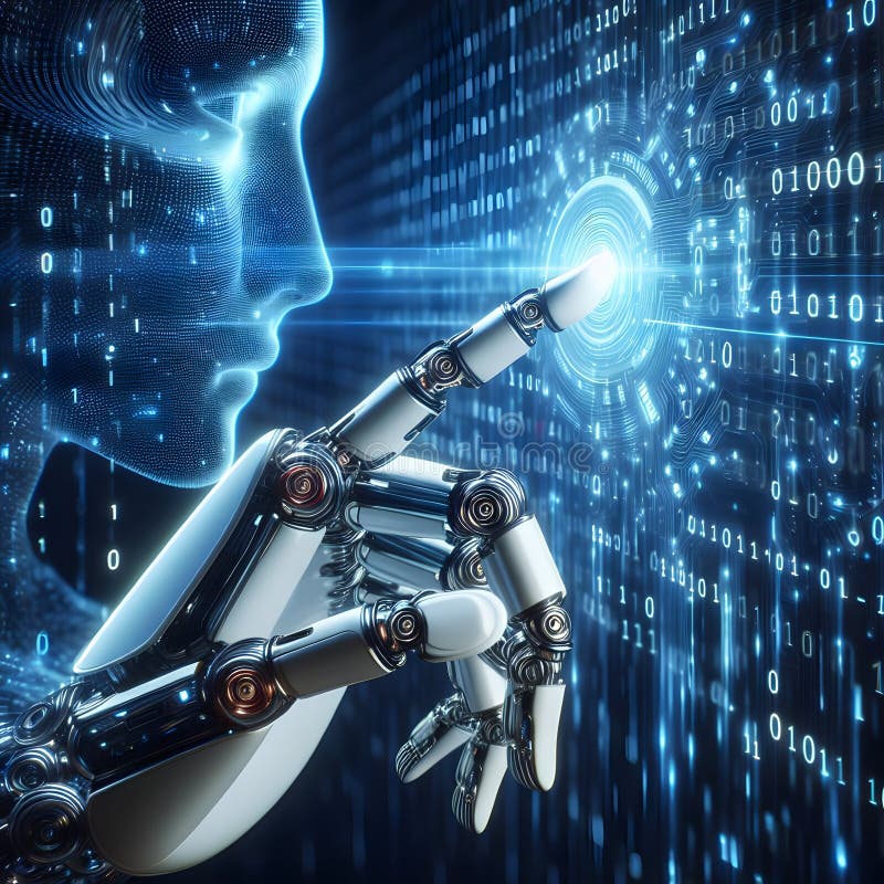 Machine Learning Hand Of Robot Touching On Binary Data Futuristic