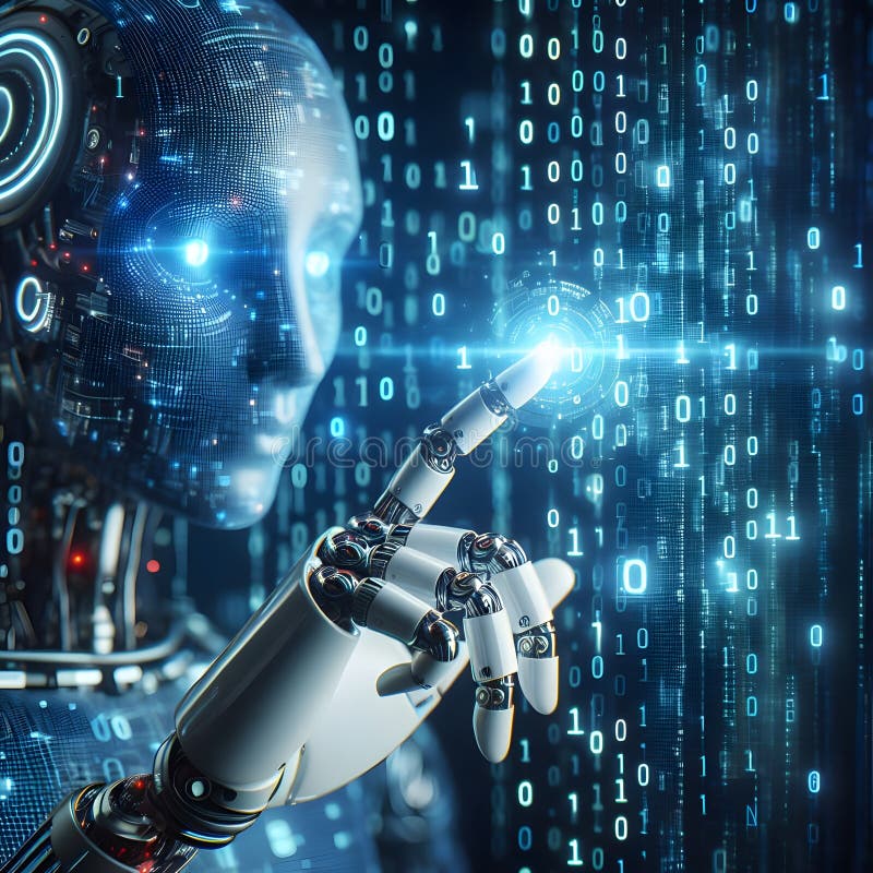Machine Learning. Hand of Robot Touching on Binary Data. Futuristic Artificial Intelligence AI ...