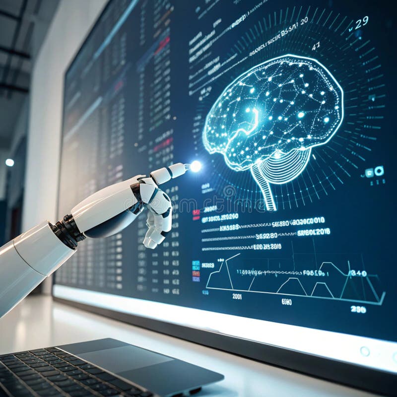Machine Learning. Hand of Robots Touching on Binary Data. Futuristic Artificial Intelligence AI ...