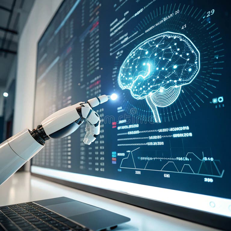 Machine Learning. Hand of Robots Touching on Binary Data. Futuristic Artificial Intelligence AI ...