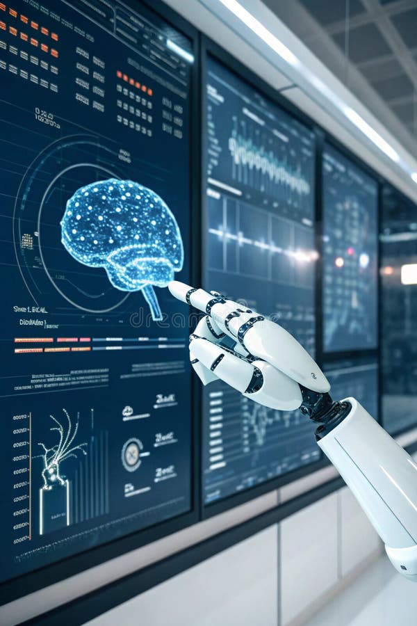 Machine Learning. Hand of Robots Touching on Binary Data. Futuristic Artificial Intelligence AI ...