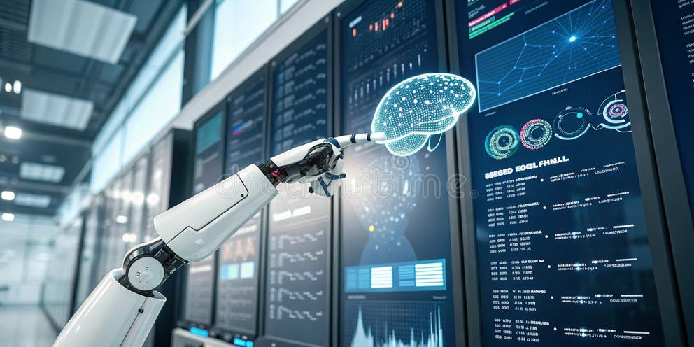 Machine Learning. Hand of Robots Touching on Binary Data. Futuristic Artificial Intelligence AI ...