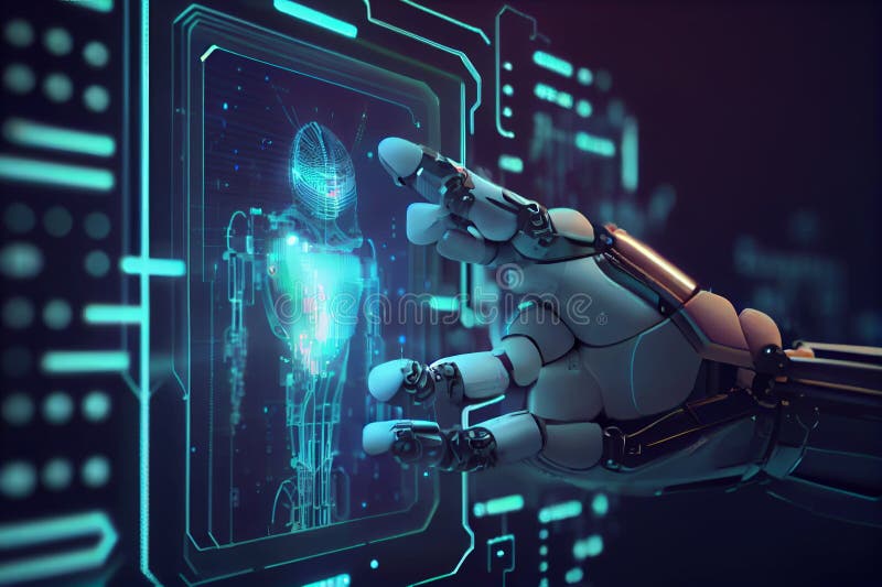 Machine Learning. Hand Touch a Robot on Network and Binary Data.generative Ai Stock Illustration ...