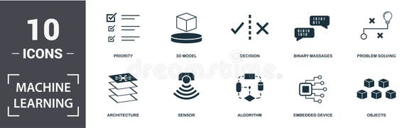 Machine Learning Icon Set. Contain Filled Flat Sensor, Algorithm, 3d Model, Priority ...