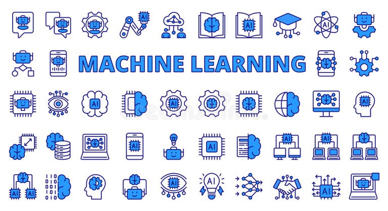 Machine Learning Icons Line Design Blue. Machine, Learning, Ai, Ml ...