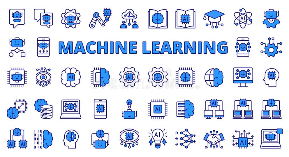 Machine Learning Icons Line Design Blue. Machine, Learning, Ai, Ml ...