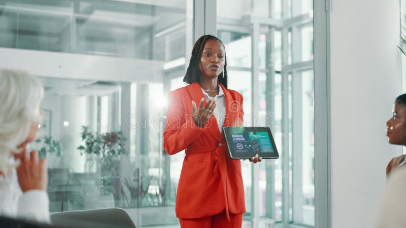 Machine Learning, Tablet and Training with Business Woman in Boardroom ...