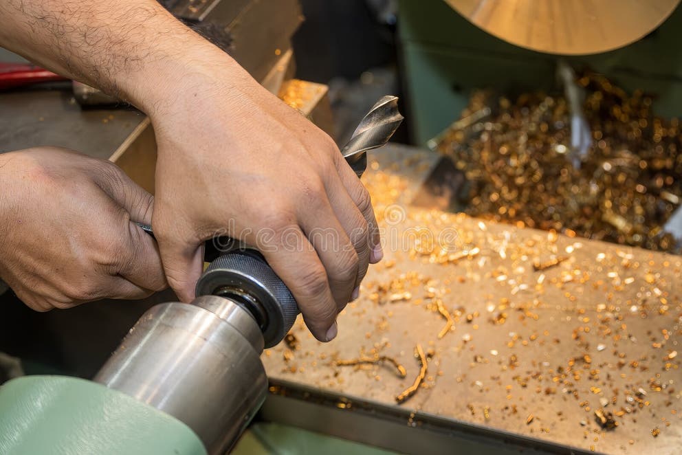 The Machine Operator Set Up the Drill Tool on Lathe Machine Stock Image ...