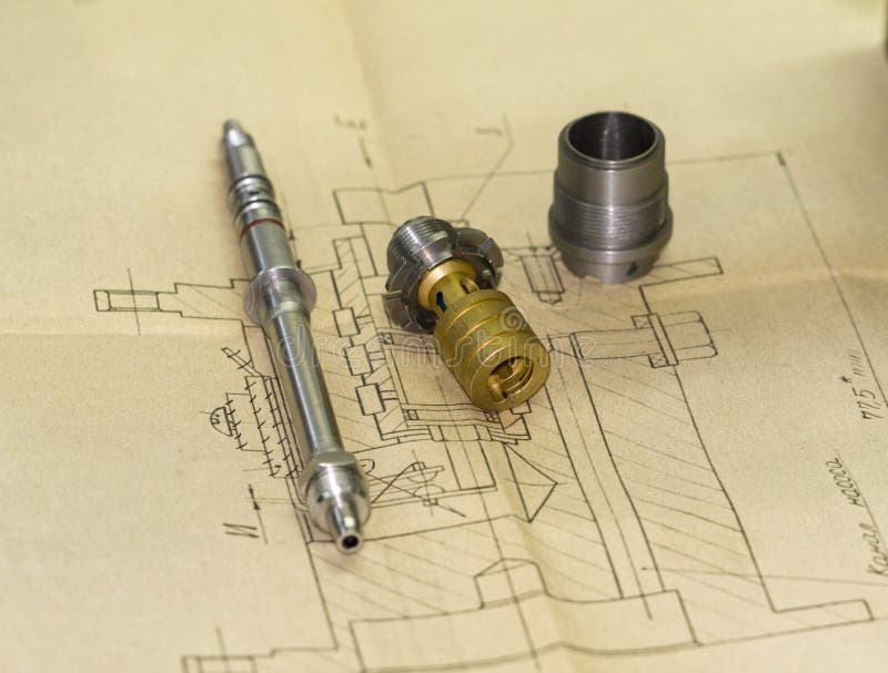 Machine parts and drawing. stock image. Image of design - 52806399