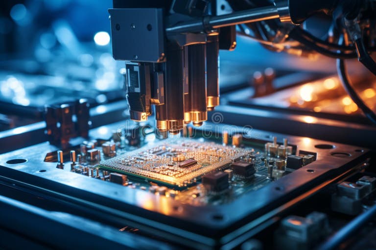 Machine Precision Microelectronics Chip Factory Workspace with Robots ...