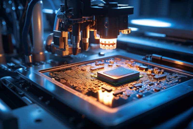 Machine Precision Microelectronics Chip Factory Workspace with Robots ...