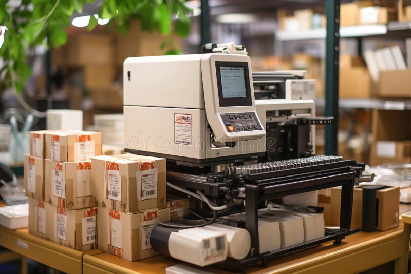 Machine for Printing Labels and Barcode on Boxes in a Warehouse Stock ...