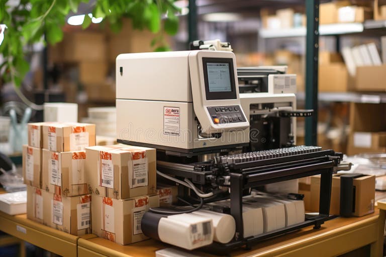 Machine for Printing Labels and Barcode on Boxes in a Warehouse Stock ...