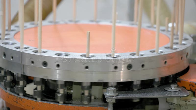 A Machine Processes Wooden Dowels, Arranging Them Vertically in a ...