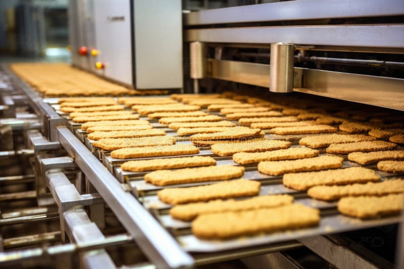 Machine Processing and Baking Cookies in a Food Factory Stock Photo ...