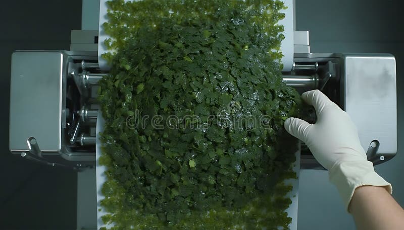 Machine Processing Fresh Cilantro with Gloved Hand Handling Herbs on ...
