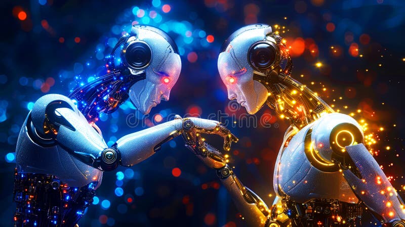 Machine Robot Learning Touching Hand Together with Cyborg in Futuristic ...