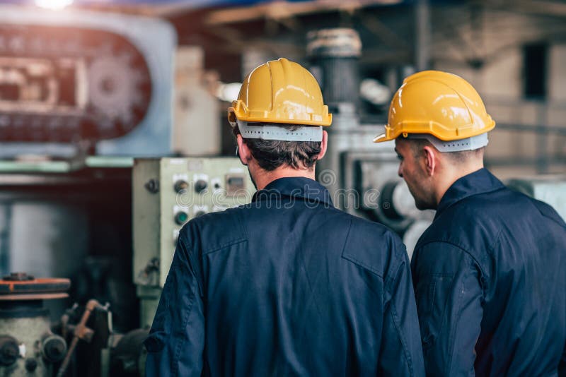 Machine Service Talking Together Teamwork Working in Factory Back View ...