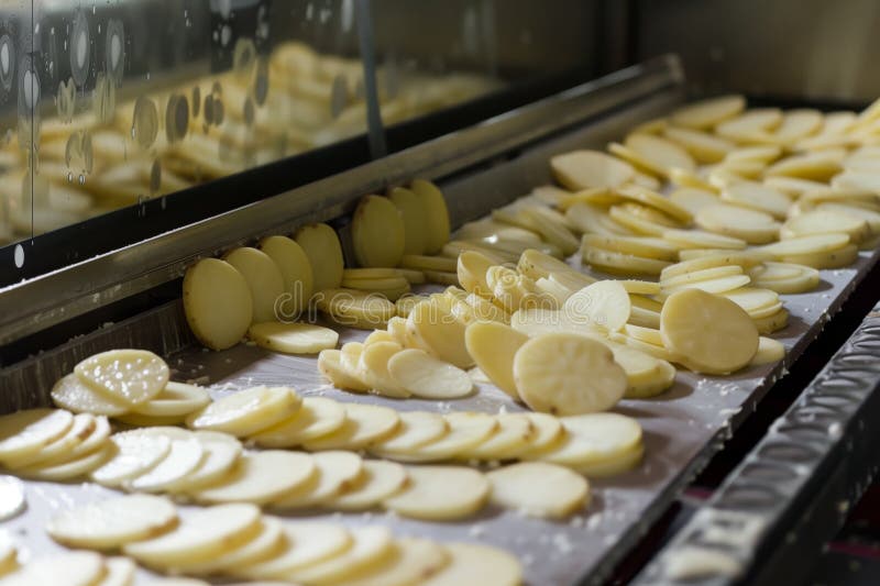 Machine Slicing Potatoes into Thin Rounds Stock Photo - Image of slicer ...