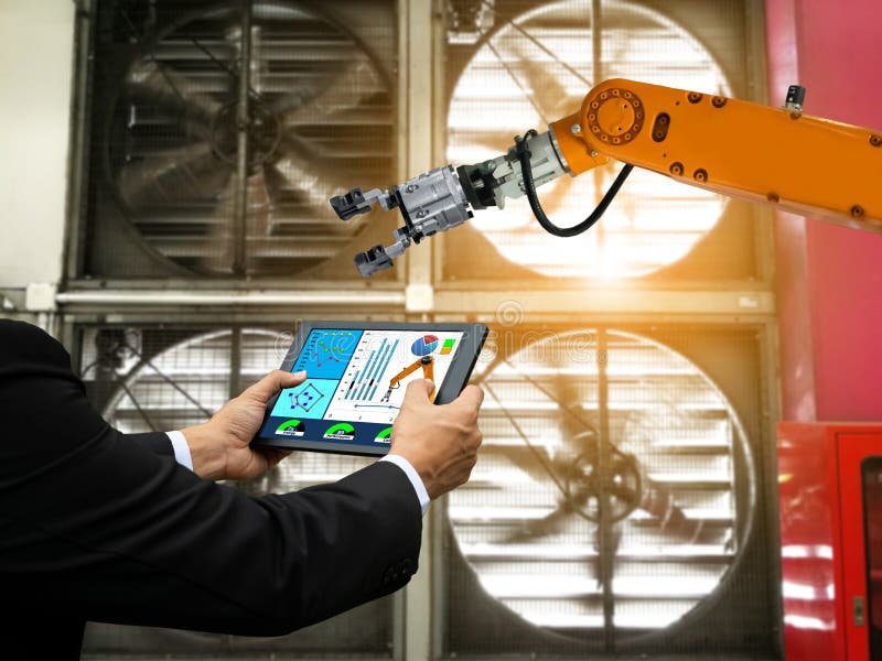 Machine Tablet Control and Robot Arm Industrial Stock Image - Image of ...