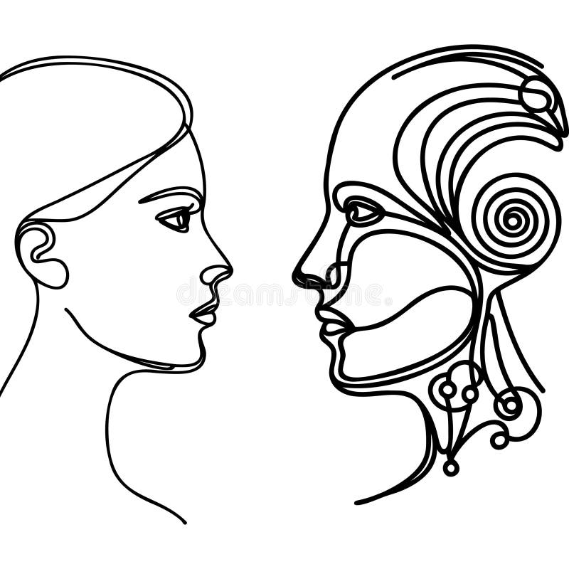 Robot and Human Face To Face Continuous One Line Drawing. Machine Vs ...