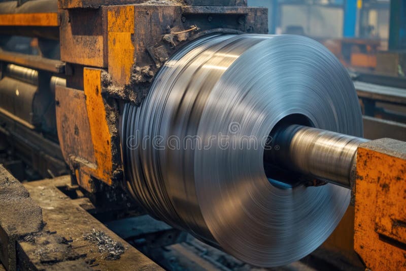 A Machine Works on a Roll of Steel, Possibly in an Industrial Setting ...