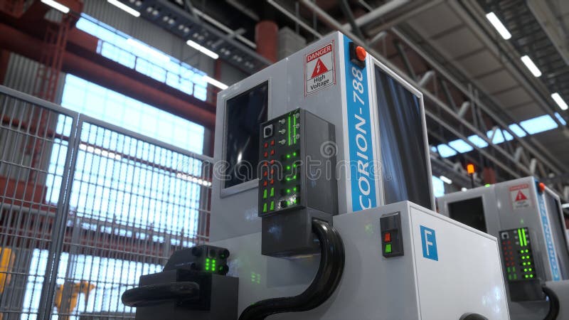 Machinery with Control Panels, Buttons and Switches in Warehouse, 3D ...