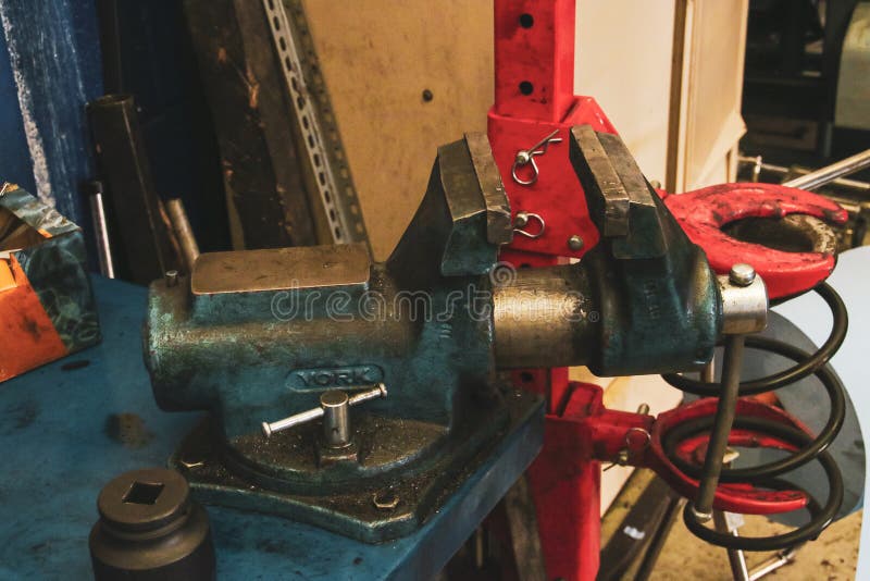 Blue Bench Vise in a Mechanical Workshop. Stock Image - Image of ...