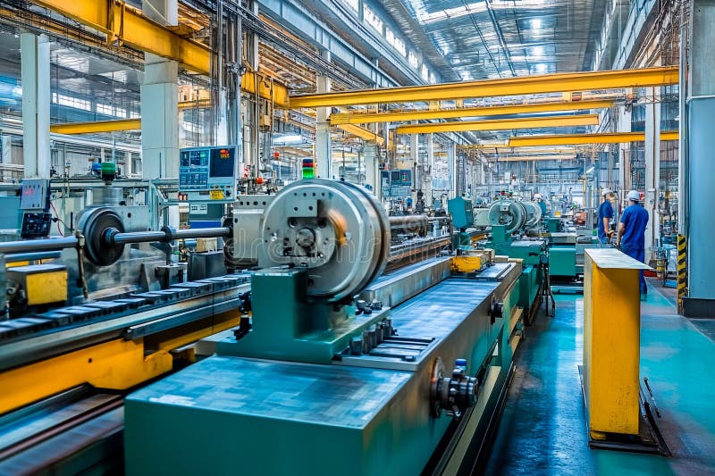 Machinery and Workers in a Bustling Factory Environment during Daylight ...