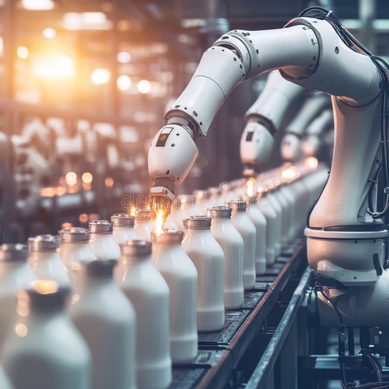 Machines Automatically Fill Containers on a Production Line Stock Photo ...