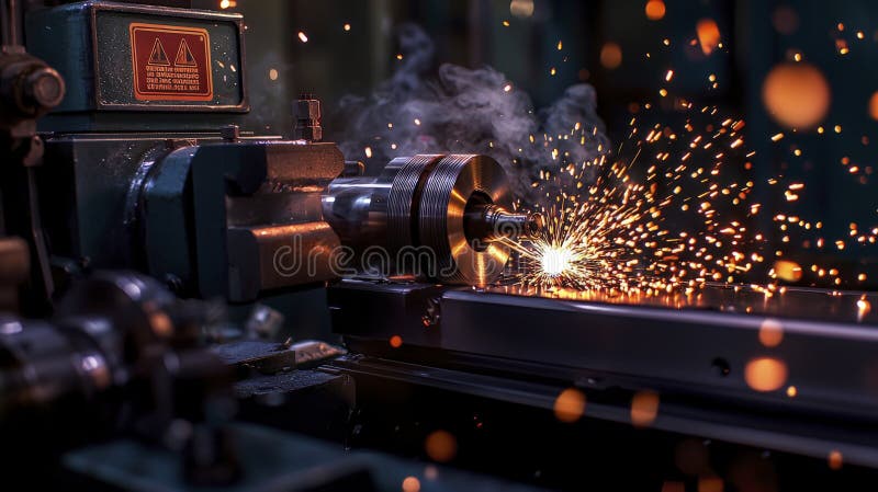 Machining Sparks Fly at Industrial Facility Metalworking Process Close-up View Dynamic ...