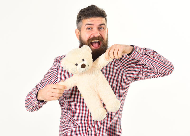 Macho with Beard Presents Plush Toy. Man with Cheerful Expression Stock ...