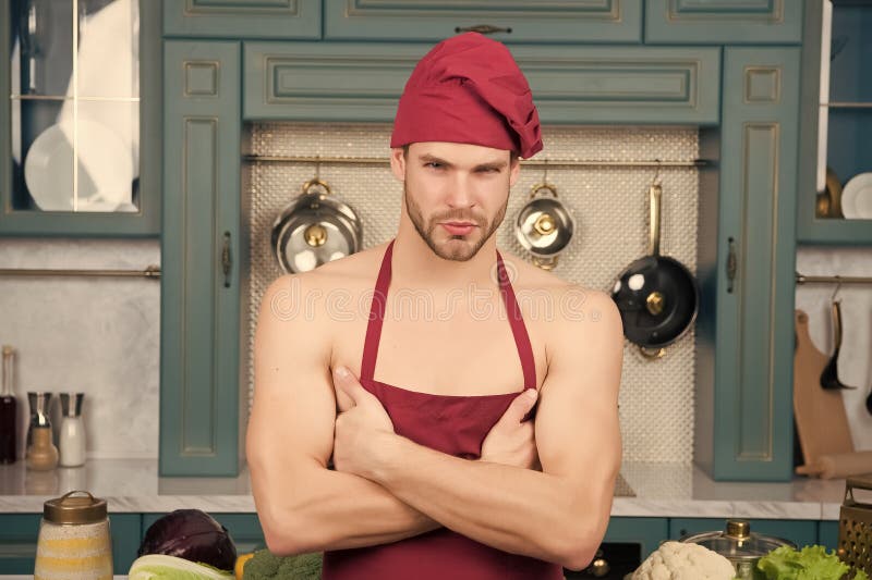 Macho Chef in Red Hat, Apron on Bare Torso Stock Image - Image of bare ...