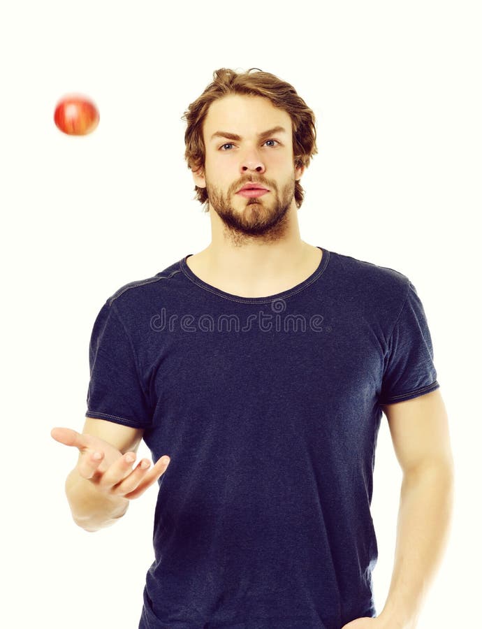 Macho Man with Strong Face Holding Beer and Apple Stock Image - Image ...