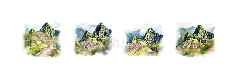 Machu Picchu Landscape Watercolor Set. Vector Illustration Design Stock ...