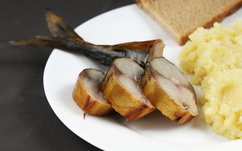 Mackerel Cold Smoked Fish on Plate with Mashed Potatoes Stock Photo ...