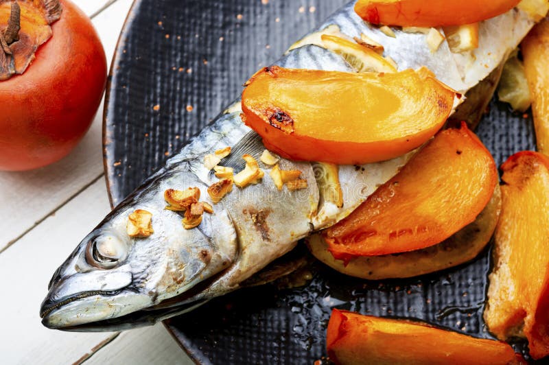 Mackerel Fish Baked with Fruits Stock Photo - Image of roasted ...