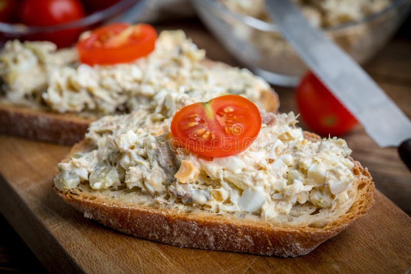Mackerel fish paste. stock image. Image of bread, wooden - 102036667