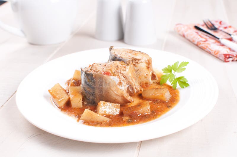 Mackerel Fish Pieces with Vegetables Stock Image - Image of cooked ...