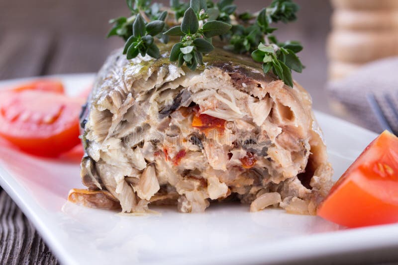 Mackerel Fish Stuffed with Rice and Vegetables Stock Photo - Image of ...