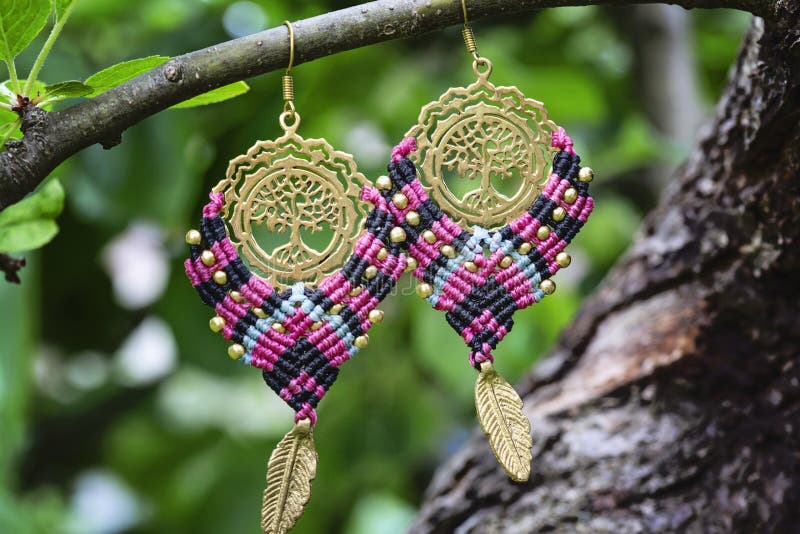 Macrame Earrings Hanging on the Tree Branch Stock Photo - Image of ...