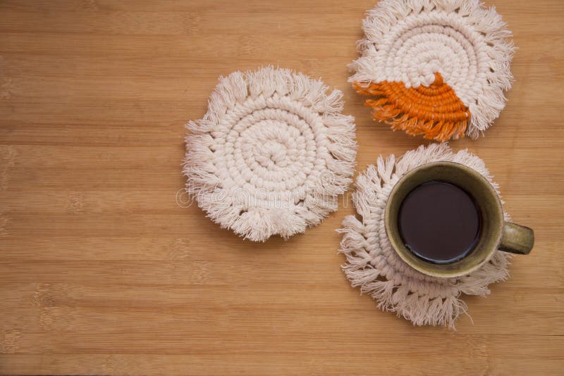 Macrame Handmade Hobby.Top View Black Hot Coffee in a Cup on White ...