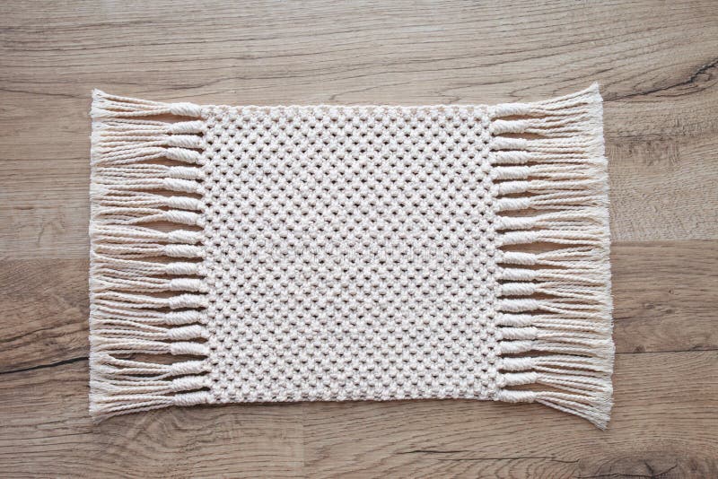 Macrame Rug on Wooden Table or Carpet on Floor.Handmade Beige Macrame ...