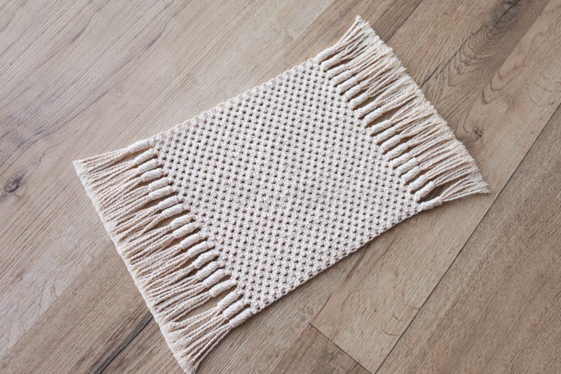 Macrame Rug on Wooden Table or Carpet on Floor.Handmade Beige Macrame ...