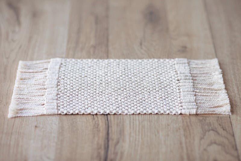 Macrame Rug on Wooden Table or Carpet on Floor.Handmade Beige Macrame ...