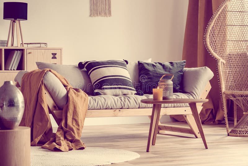 Macrame on the Wall of Contemporary Living Room Interior with Grey Sofa ...