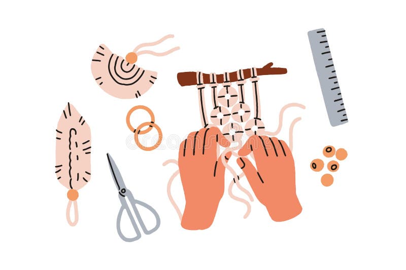 Macrame, Woven Cord Decor. Hands Weaving with Rope, String Knot. DIY ...