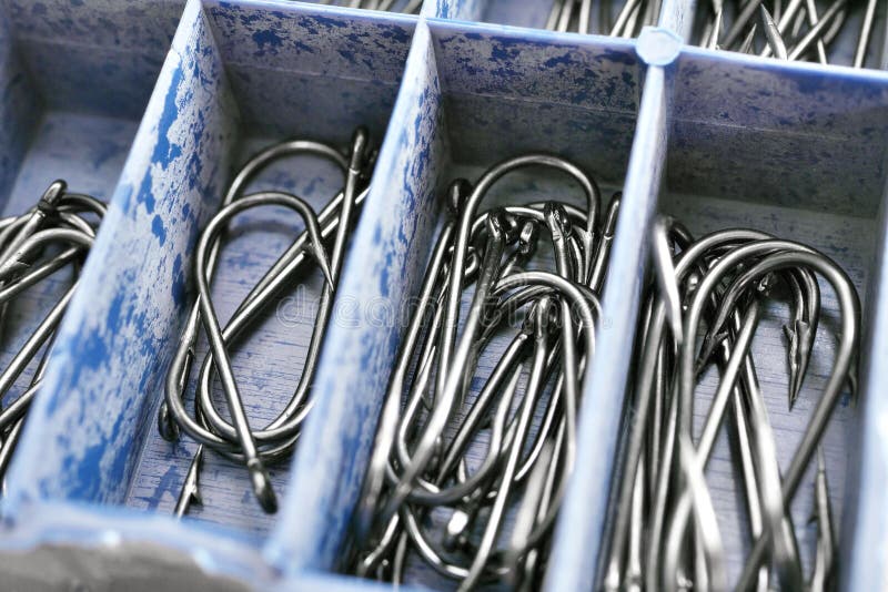 Macro of Assorted Fishhooks. Set of Fishing Hooks in Tackle Box Stock ...